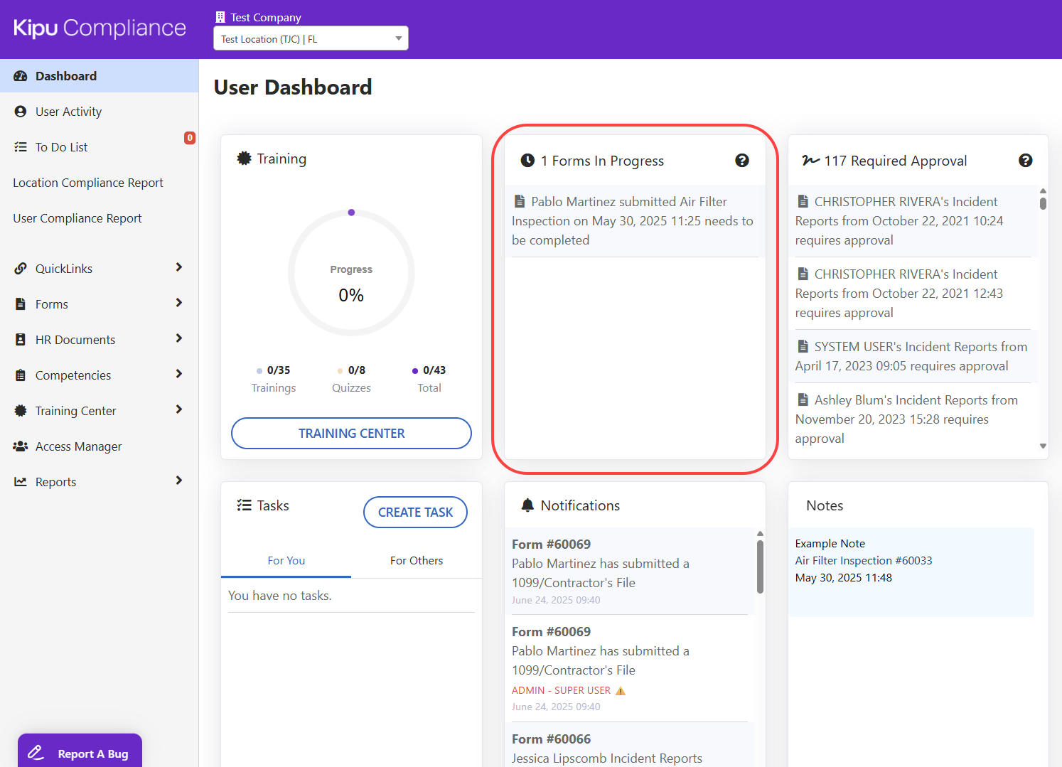 User Dashboard Overview – Kipu Compliance